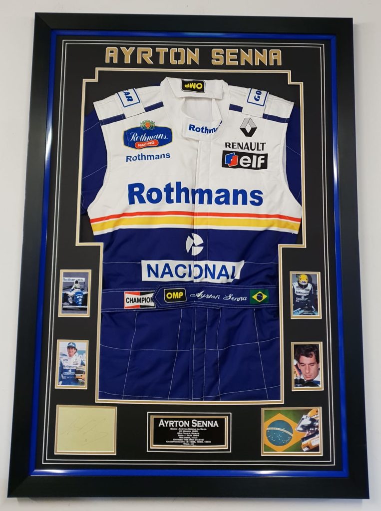 Ayrton Senna Signature with Racing Suit and photos Framed – Experience Epic